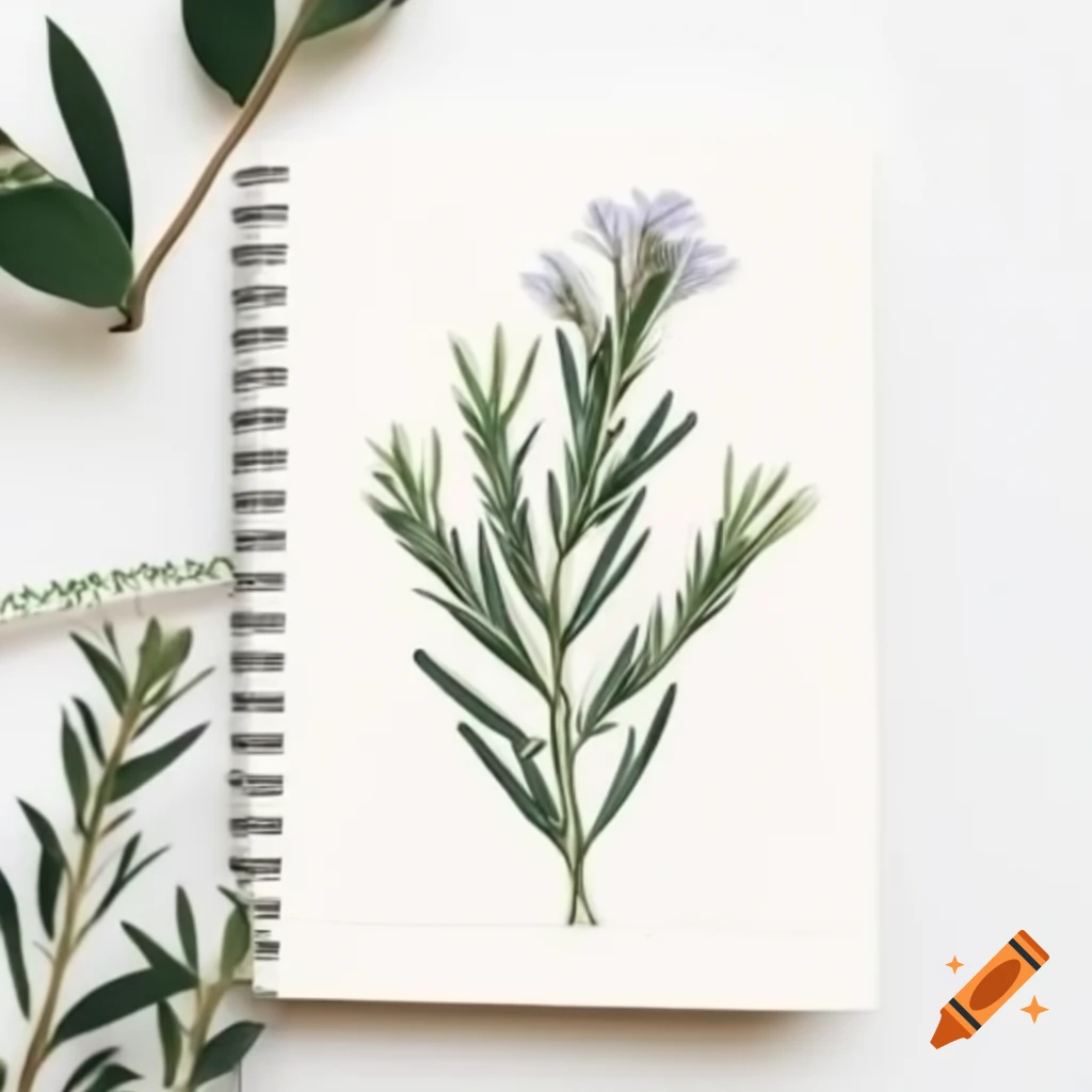 Botanical illustration of rosemary sprig, flowers, and whole plant on ...