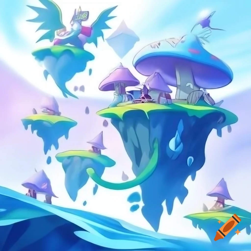 Magical world with floating islands, mushroom houses, mythical ...