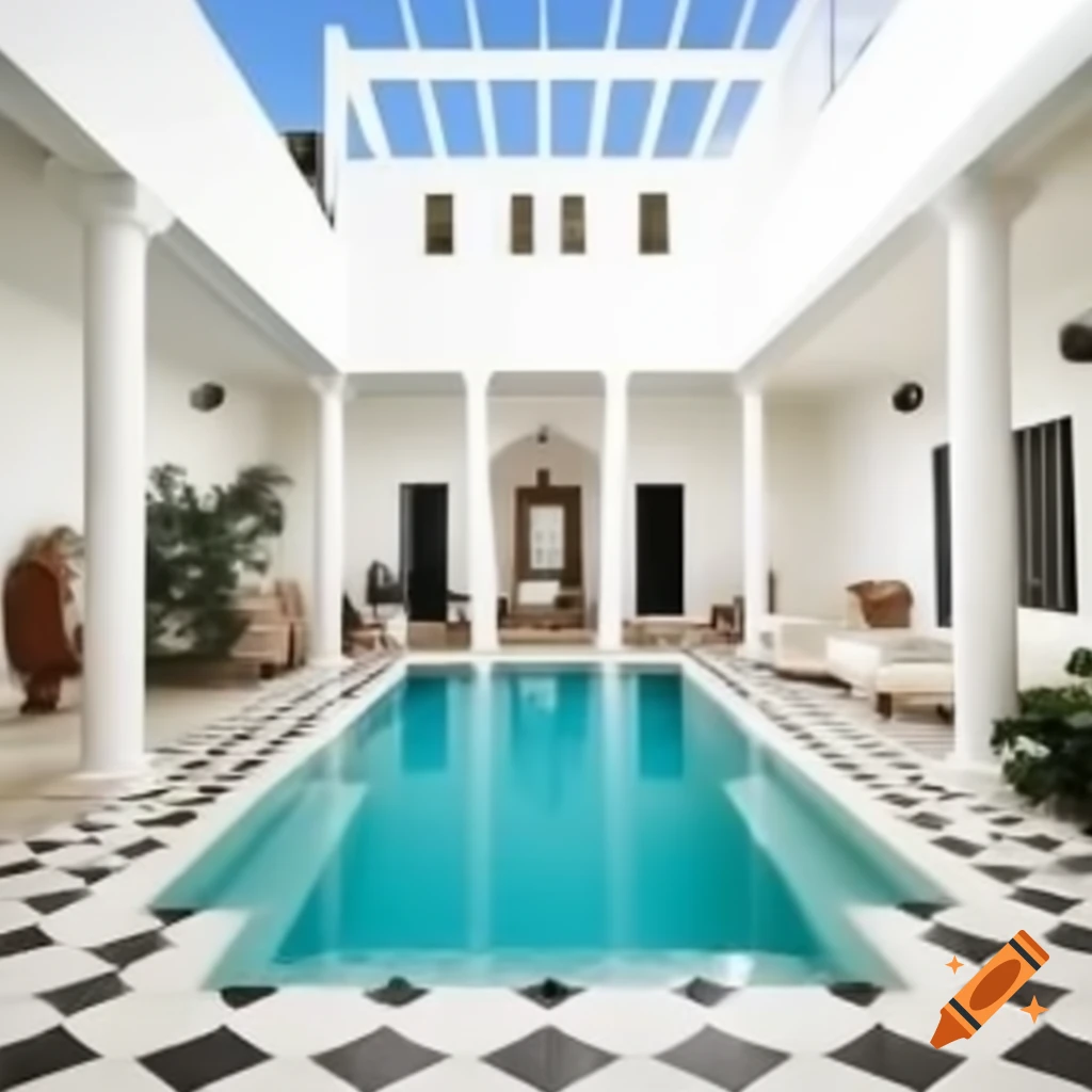 Cozy mediterranean atrium with swimming pool and lush greenery on Craiyon