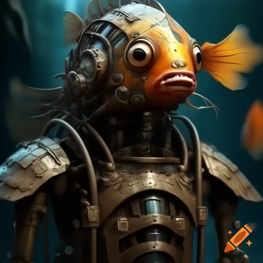 Steampunk goldfish robot designed for war on Craiyon