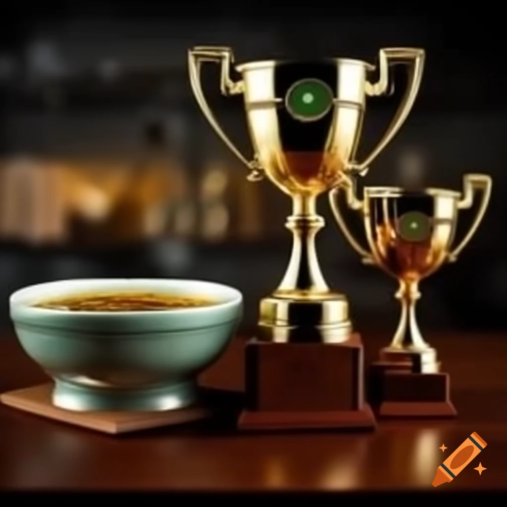 Bowls of soup placed beside two trophies on Craiyon
