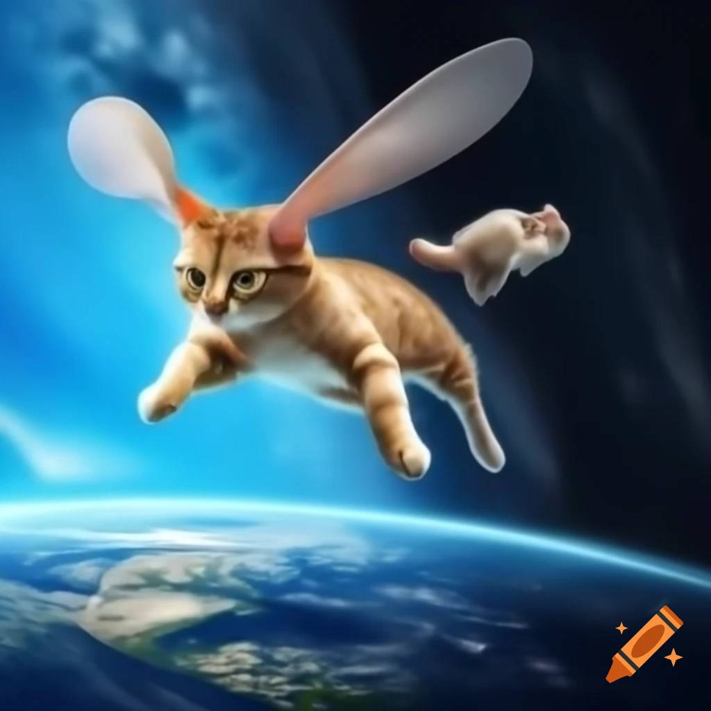 Cat flying high above earth in search of mice, whimsical scene on Craiyon