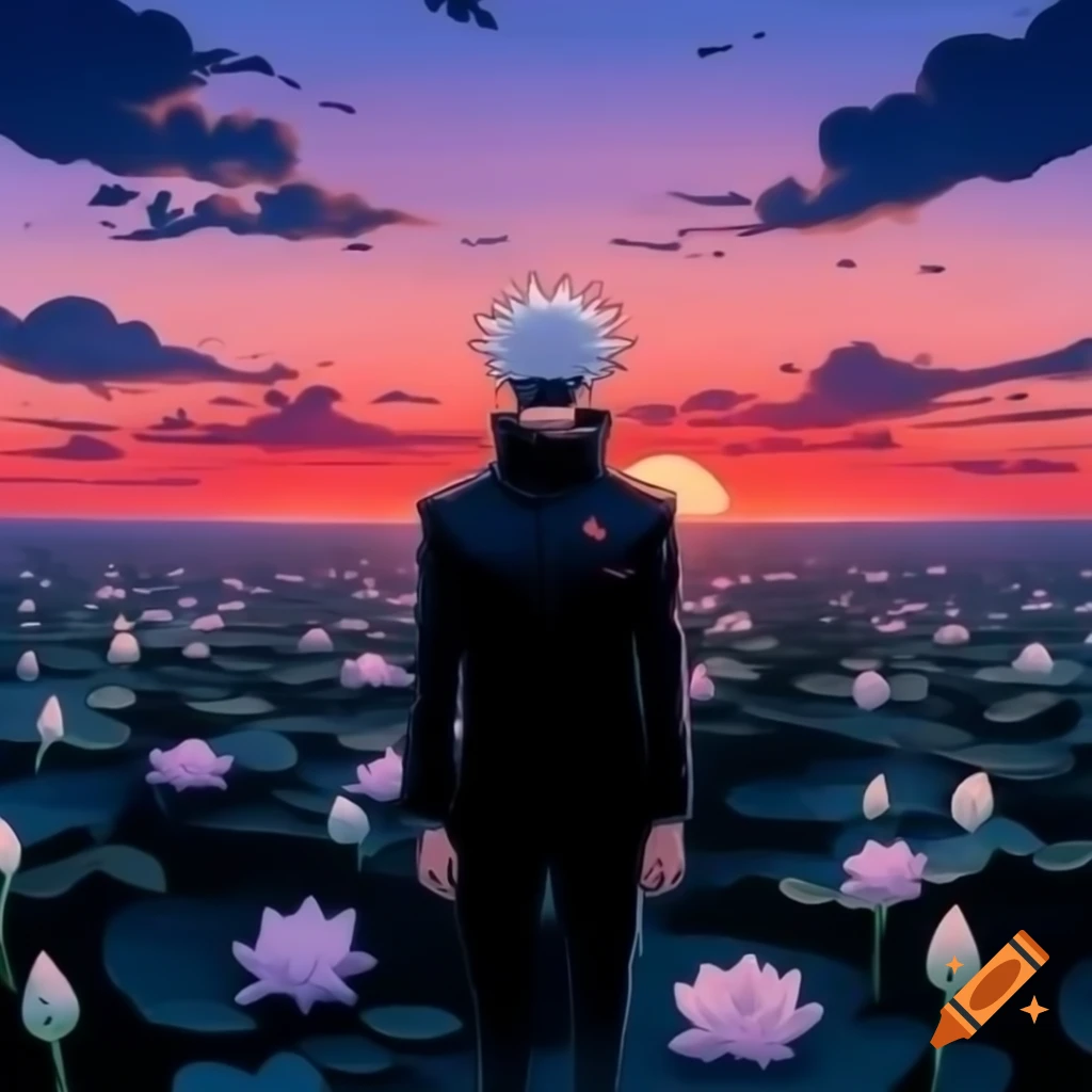 Satoru gojo with white hair and blue eyes in elegant black outfit ...