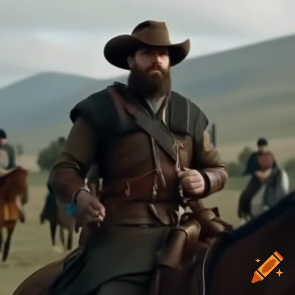 14th century merchant in motley dress and beaver hat sitting on a horse ...