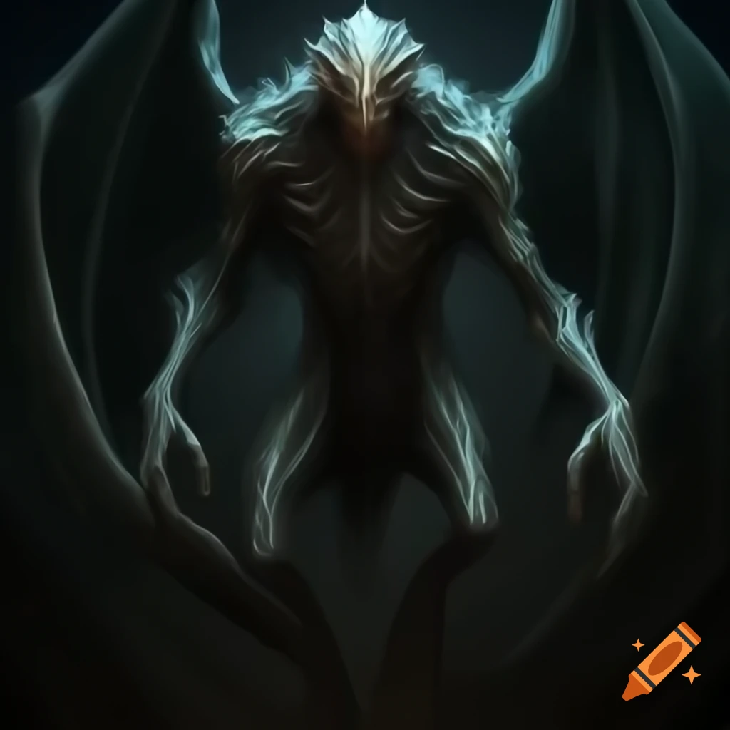 Illustration of a dark fantasy flying monster with four legs on Craiyon