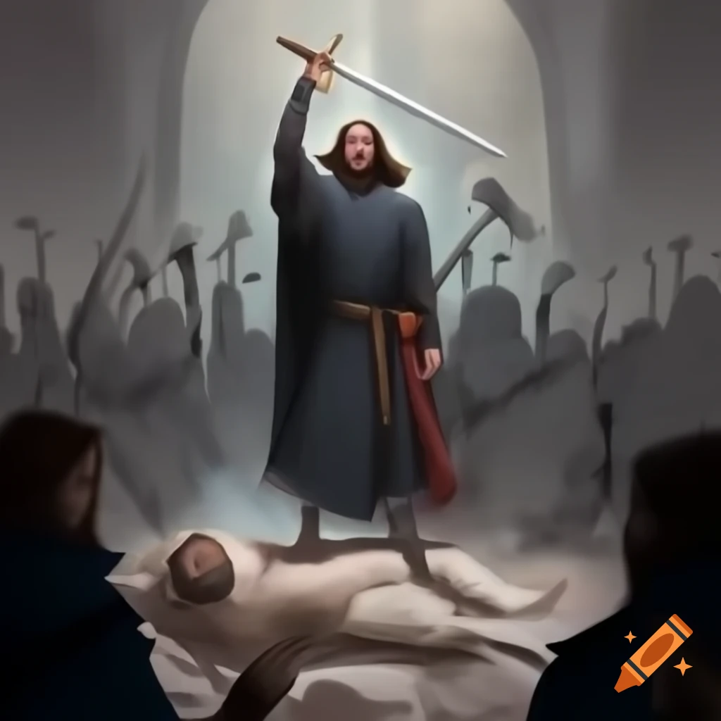 Macbeth in battle raising his sword with defeated enemies and king ...