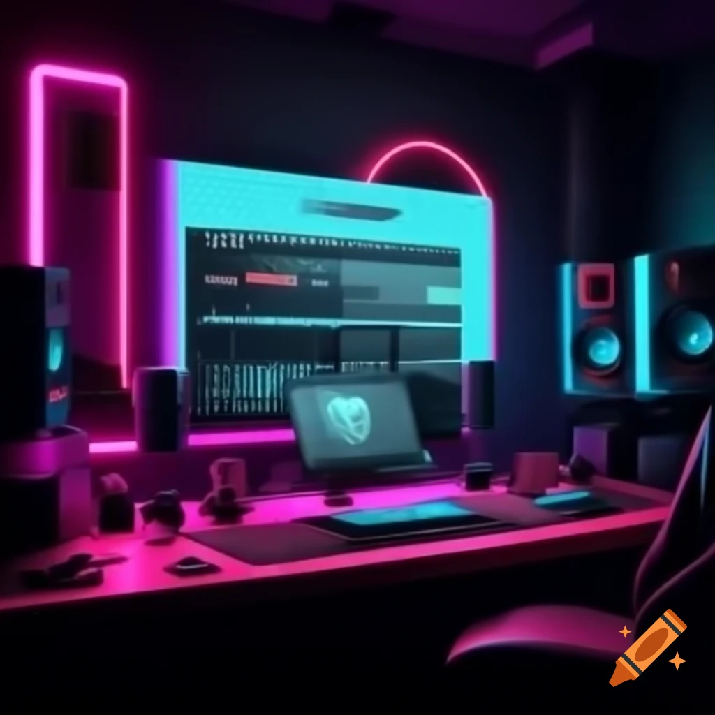 Sleek youtube banner design for music producer with studio setup on Craiyon
