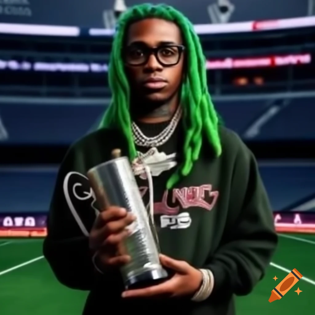 Rapper with green dreads holding trophy in stadium on Craiyon