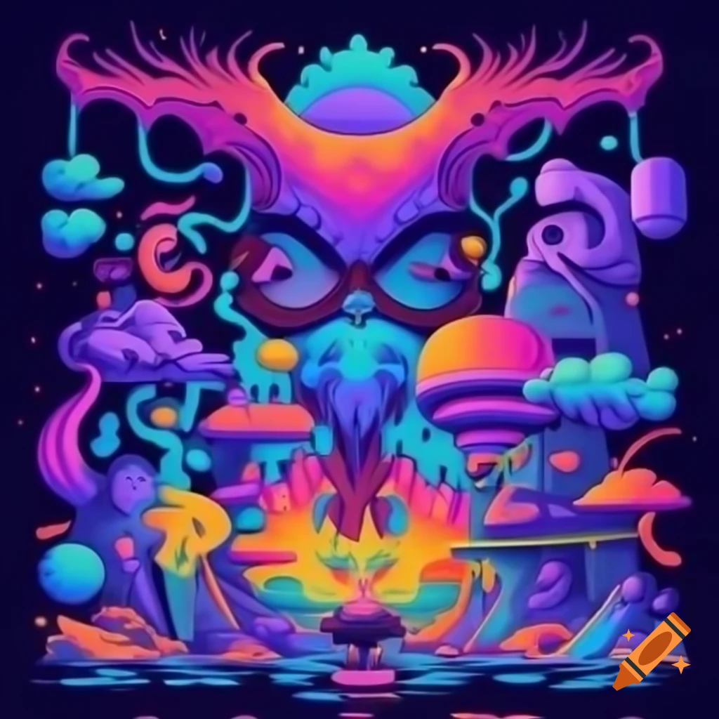 Colorful surreal fantasy illustration of funky graffiti wall art on Craiyon