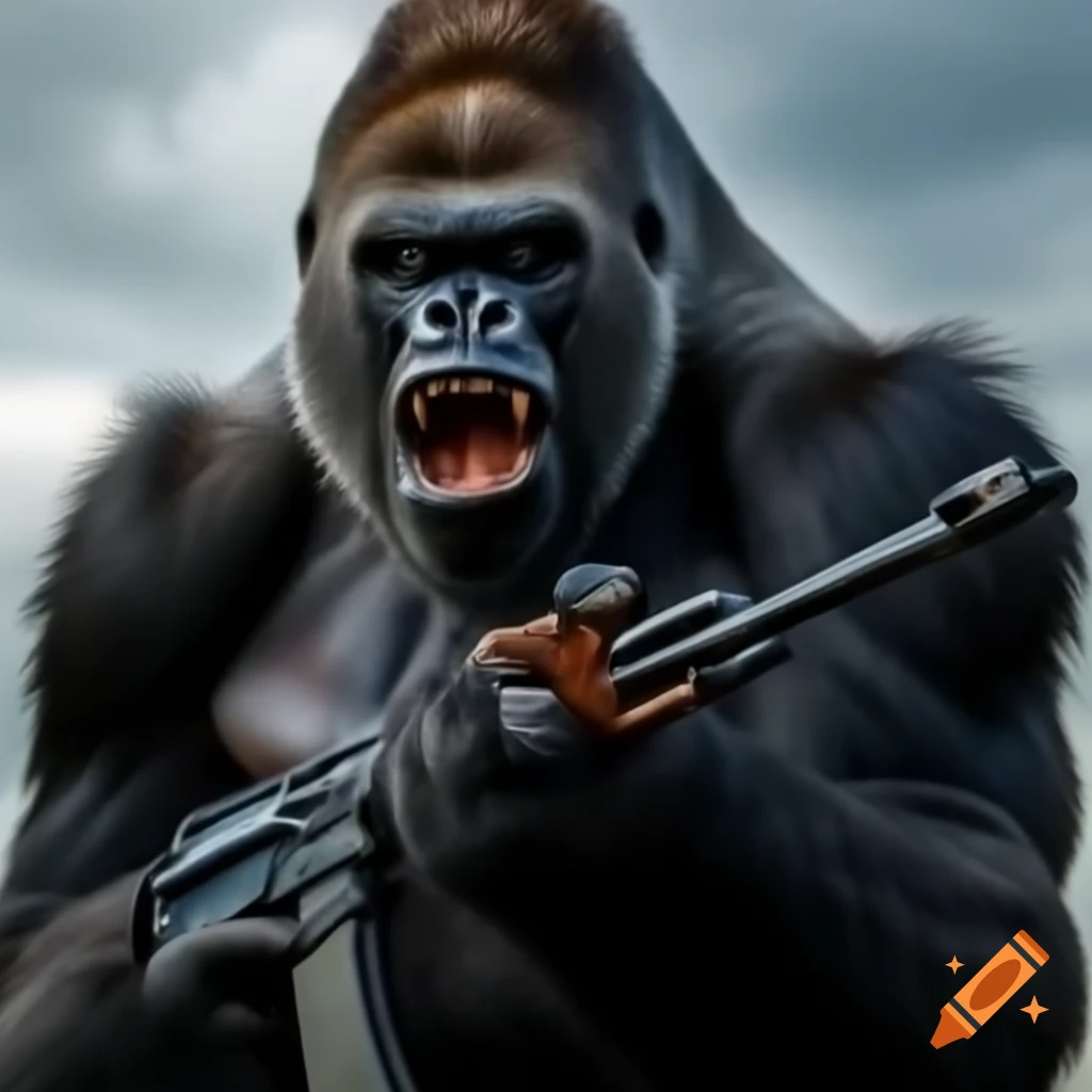 Silverback gorilla with weaponized arms in a fantastical scenario on ...