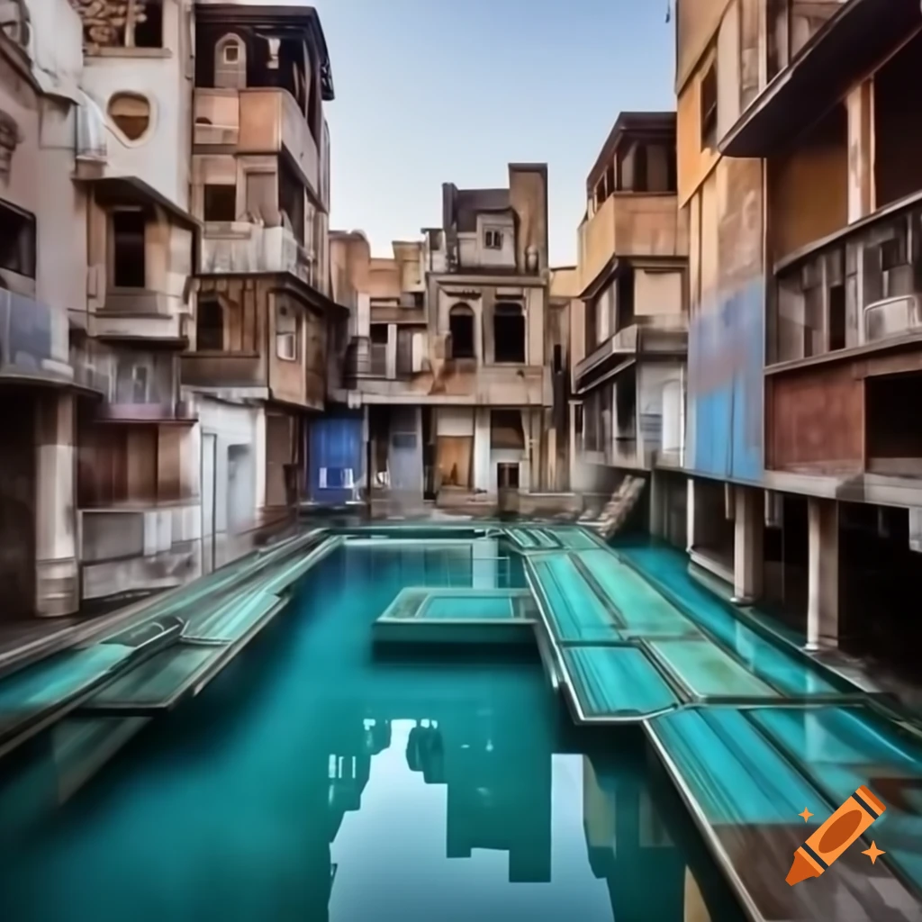 Surprising swimming pool enclosed by a makeshift garbage wall of metal ...