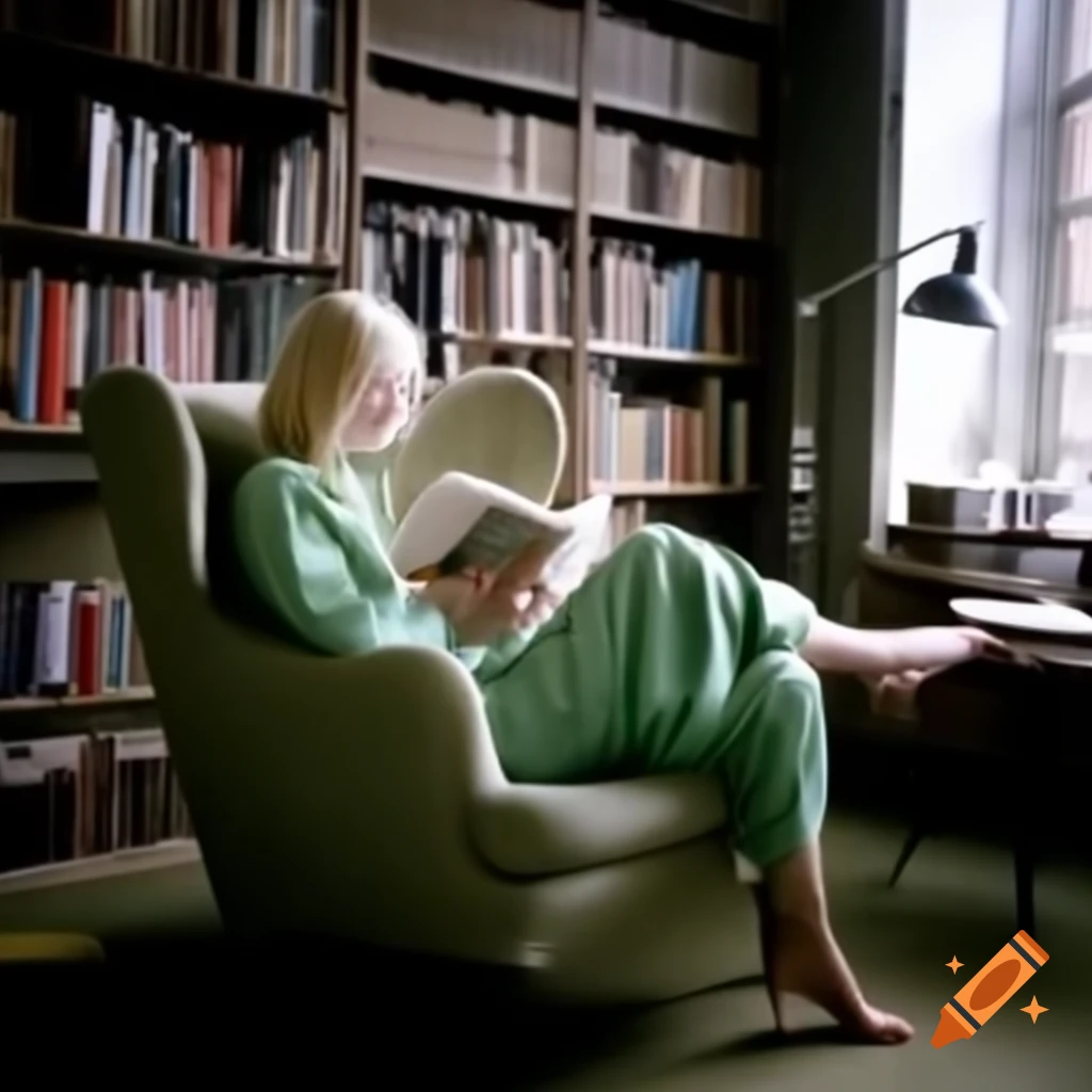 Woman in green check pajamas reading in a white library with desk lamp ...