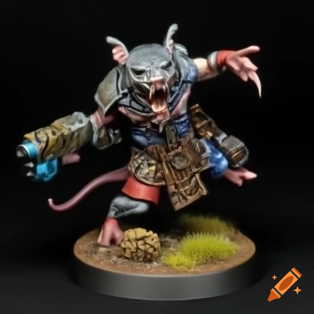 Photorealistic miniature of ferocious skaven clan rat in armor gripping ...