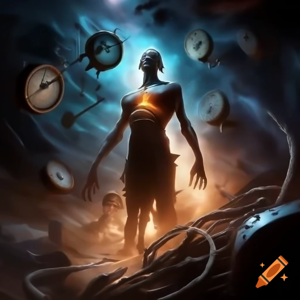 Humanoid entity at edge of time surrounded by cosmic storm and ...