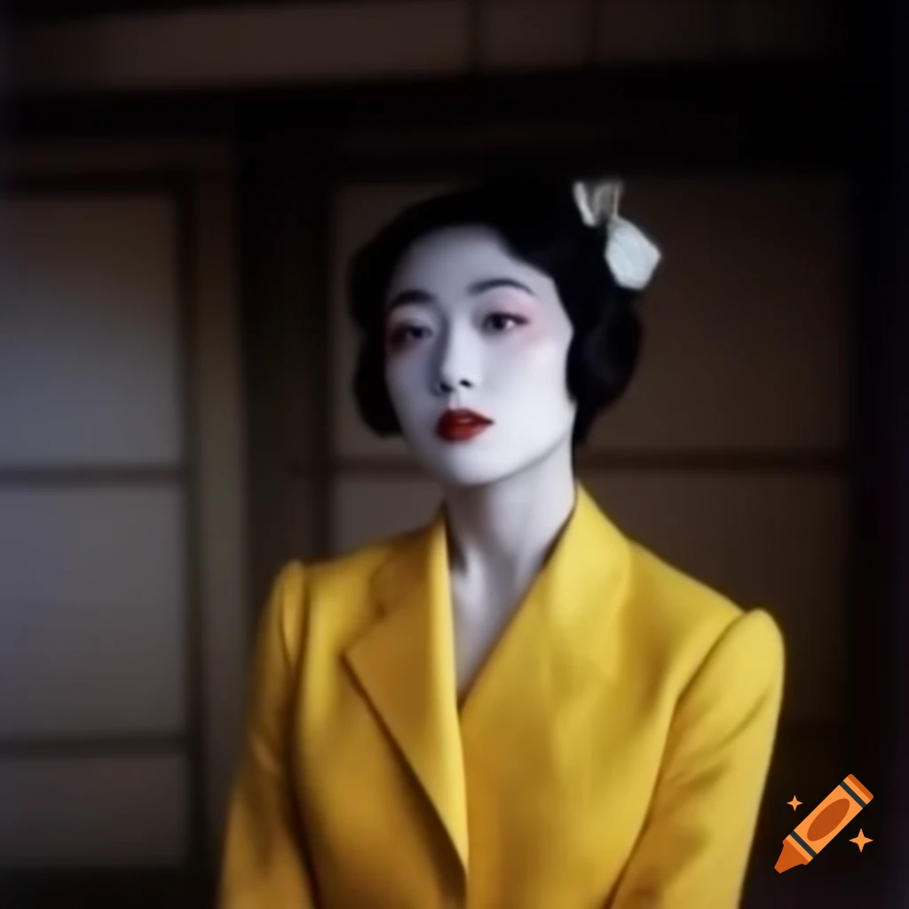 Hyper-realistic photograph of a beautiful Japanese woman in 1920 wearing a yellow vintage suit ...