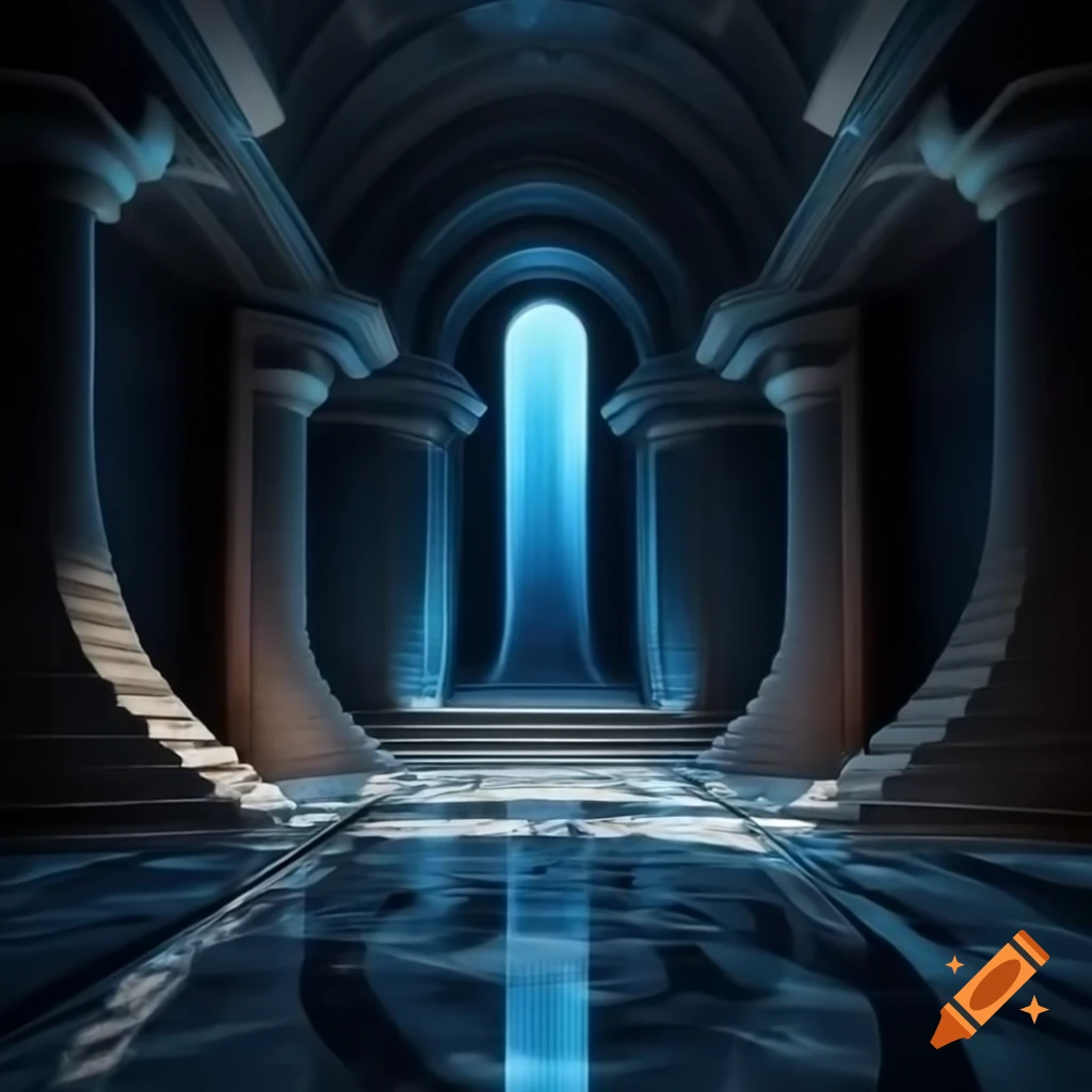 Dark blue marble hall with sloped ceilings and an ominous deity statue ...