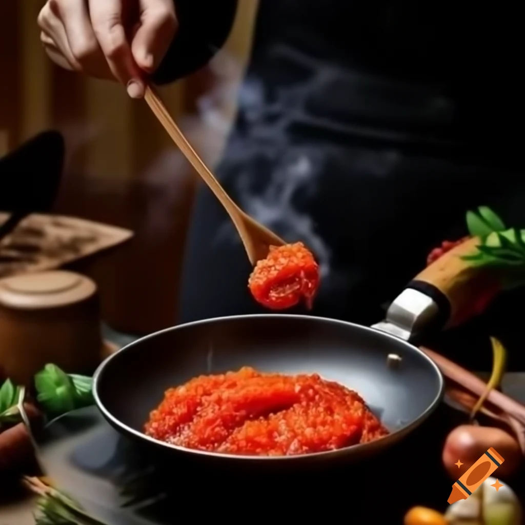 Woman cooking malay sambal in traditional kitchen, holding bouillon ...