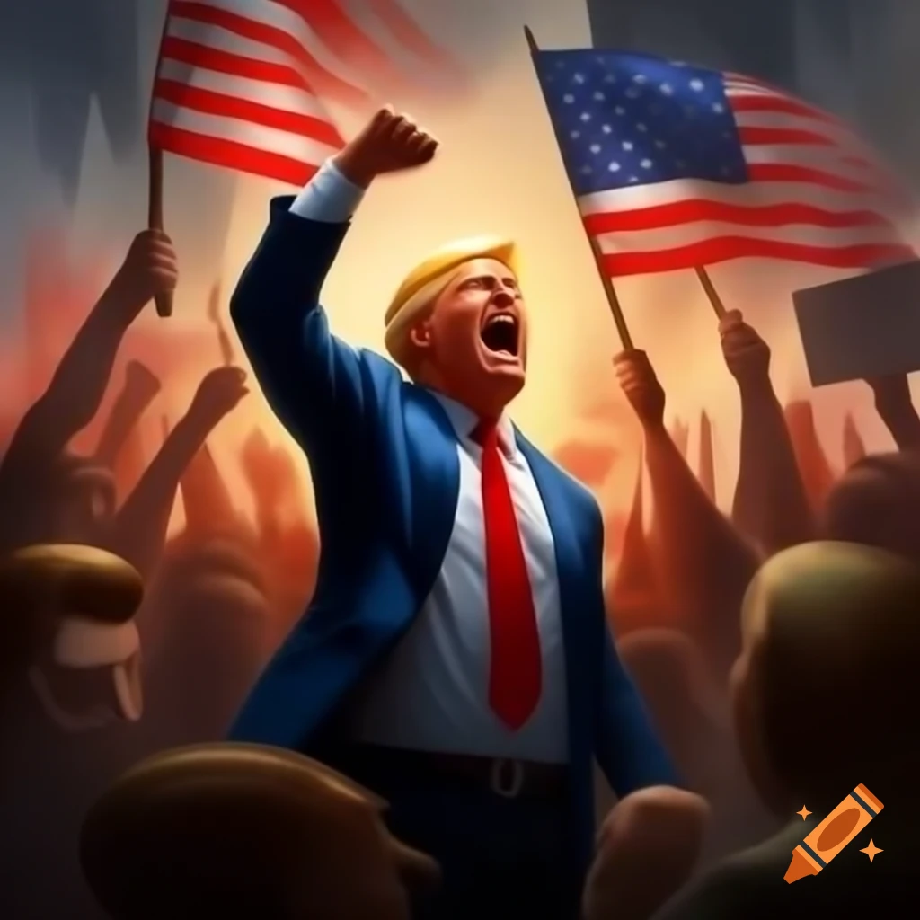 Dynamic political rally scene with central figure raising fist in ...