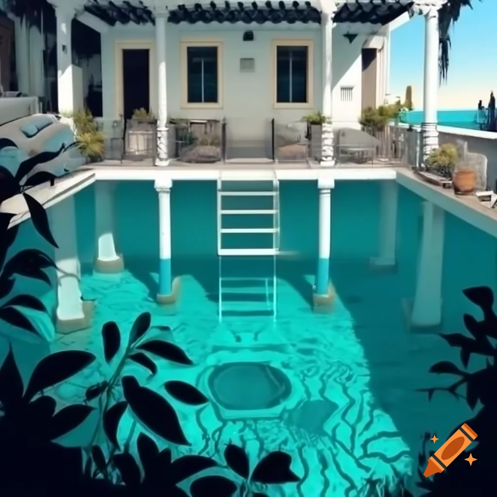 Eclectic atrium house with Greek balconies and swimming pool surrounded ...