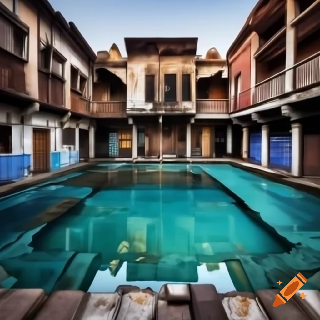 Surprising swimming pool enclosed by a makeshift garbage wall of metal ...