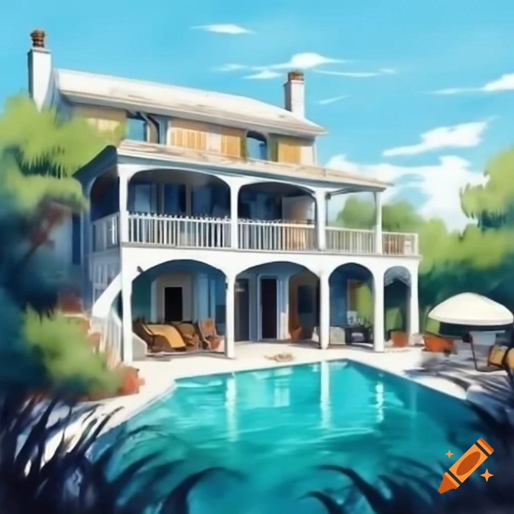 Eclectic atrium house with Greek balconies and swimming pool surrounded ...