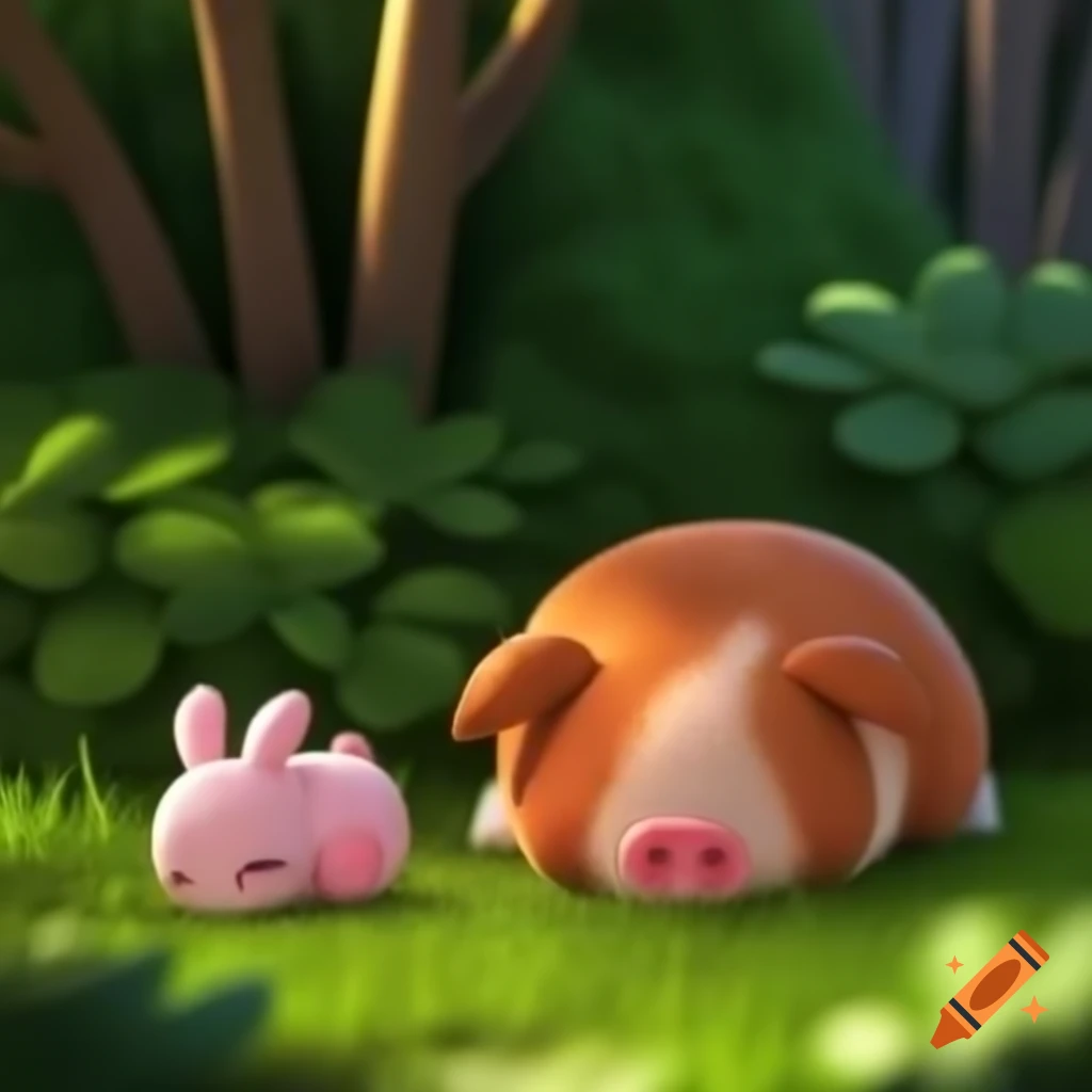 Bunny, pig, and fox sleeping together in a lush green forest on Craiyon