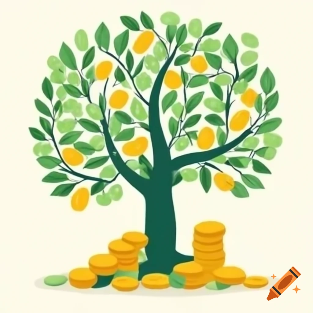 Drawing of a money tree with coin-shaped leaves and saving phrase on ...