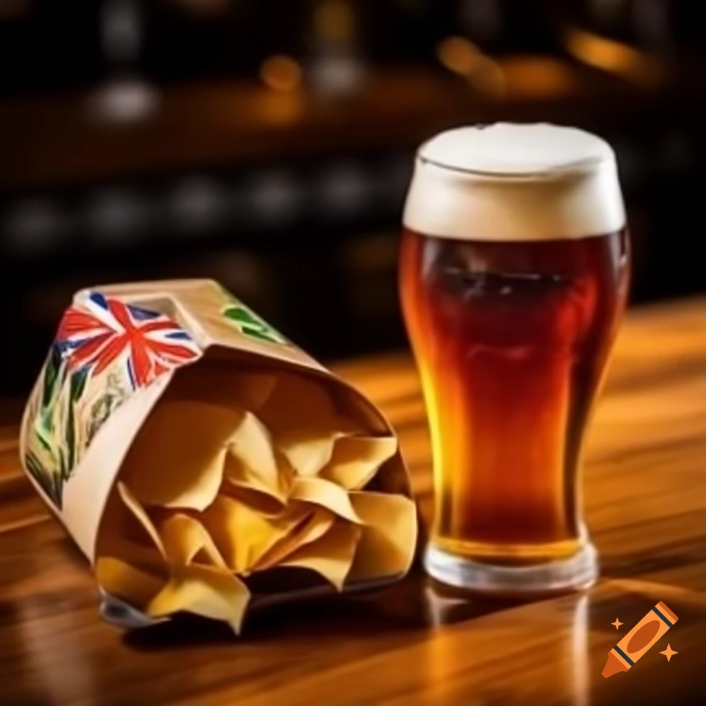 Pint of ale and open packet of crisps on wooden table in English pub on ...