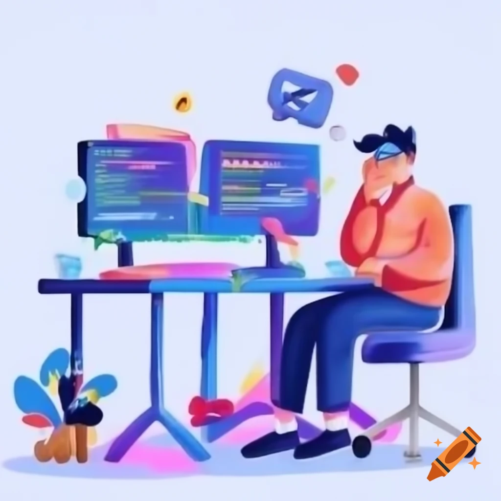 Hand-drawn cartoon of tired software developer at desk with glowing ...