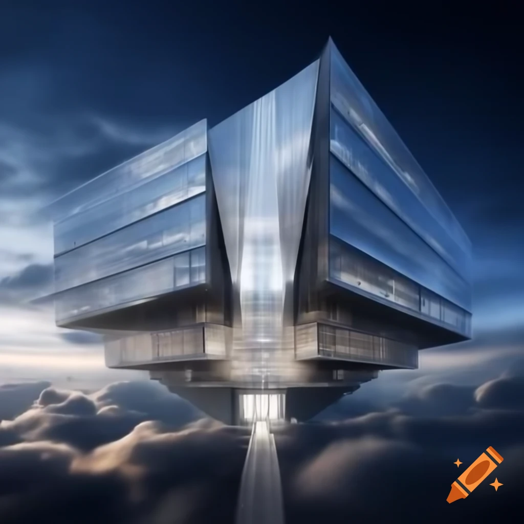 Futuristic tech center building above the clouds, reflecting the sky on ...