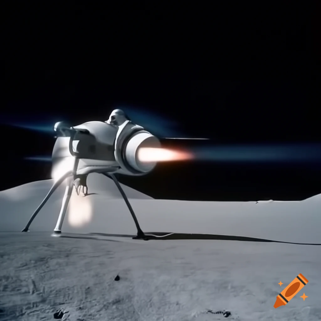 Futuristic rocket drone launching from lunar surface, creating dust ...