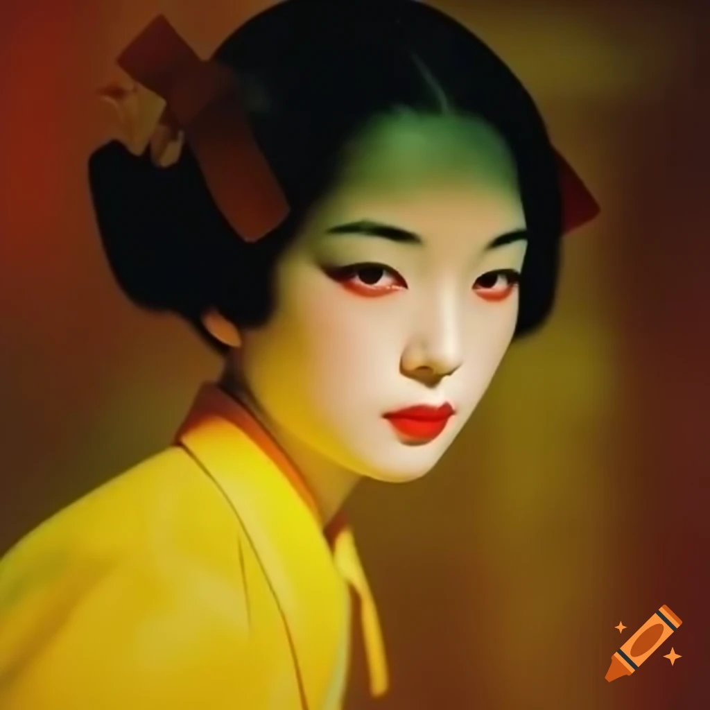 Hyper-realistic photograph of a charming japanese woman in 1920s yellow vintage suit on Craiyon