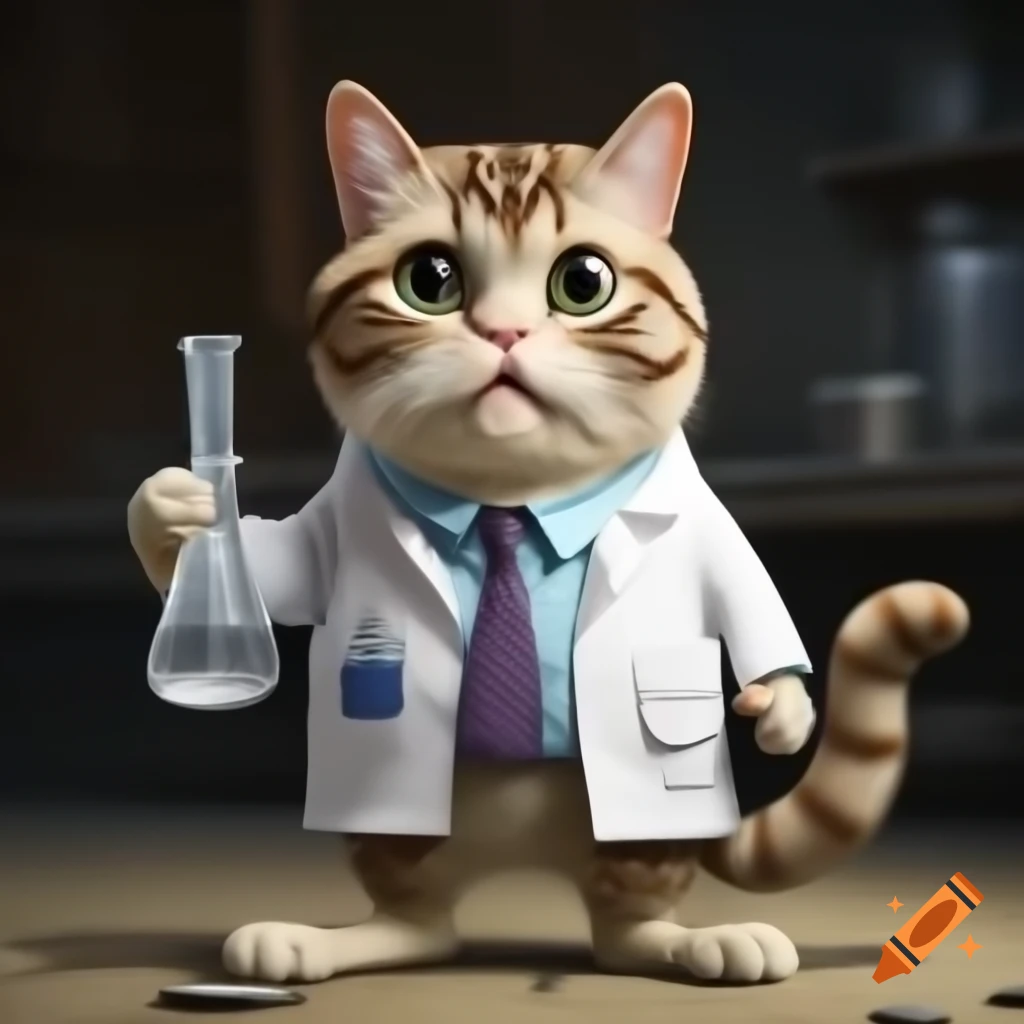Confused cartoon cat in lab coat holding beaker, standing with feet on ...