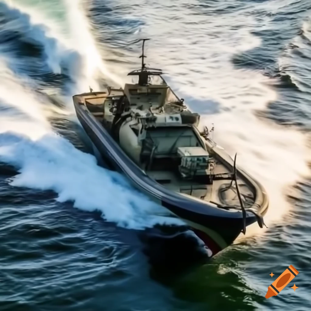 Military patrol boat navigating waters with guns glinting in sunlight ...