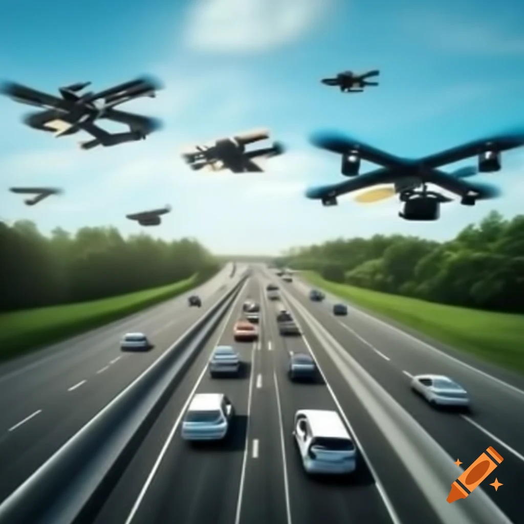 Busy highway featuring flying and self-driving cars on Craiyon