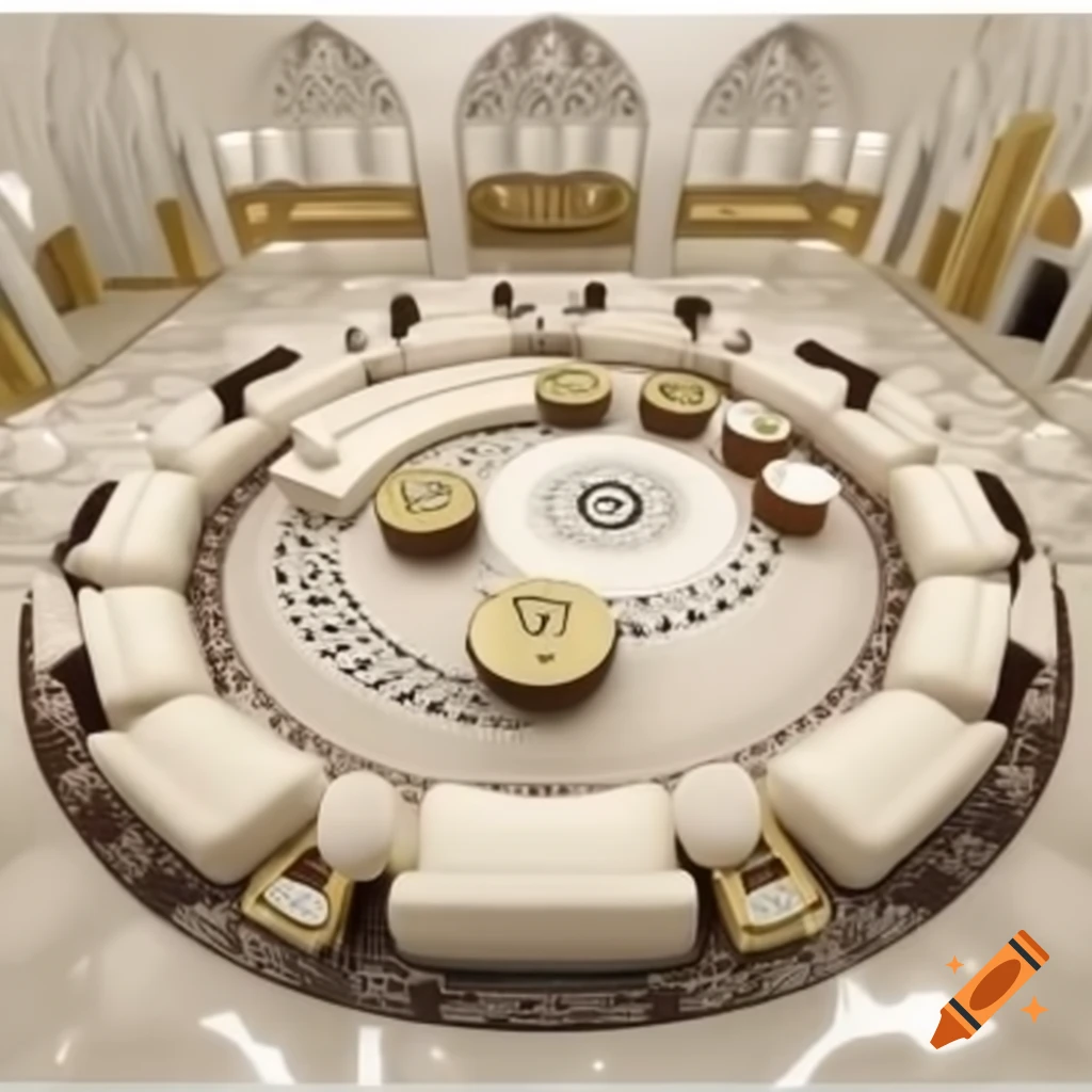 Arabic majlis in semi-circle domed room with modern curved sofa and wooden tables on Craiyon