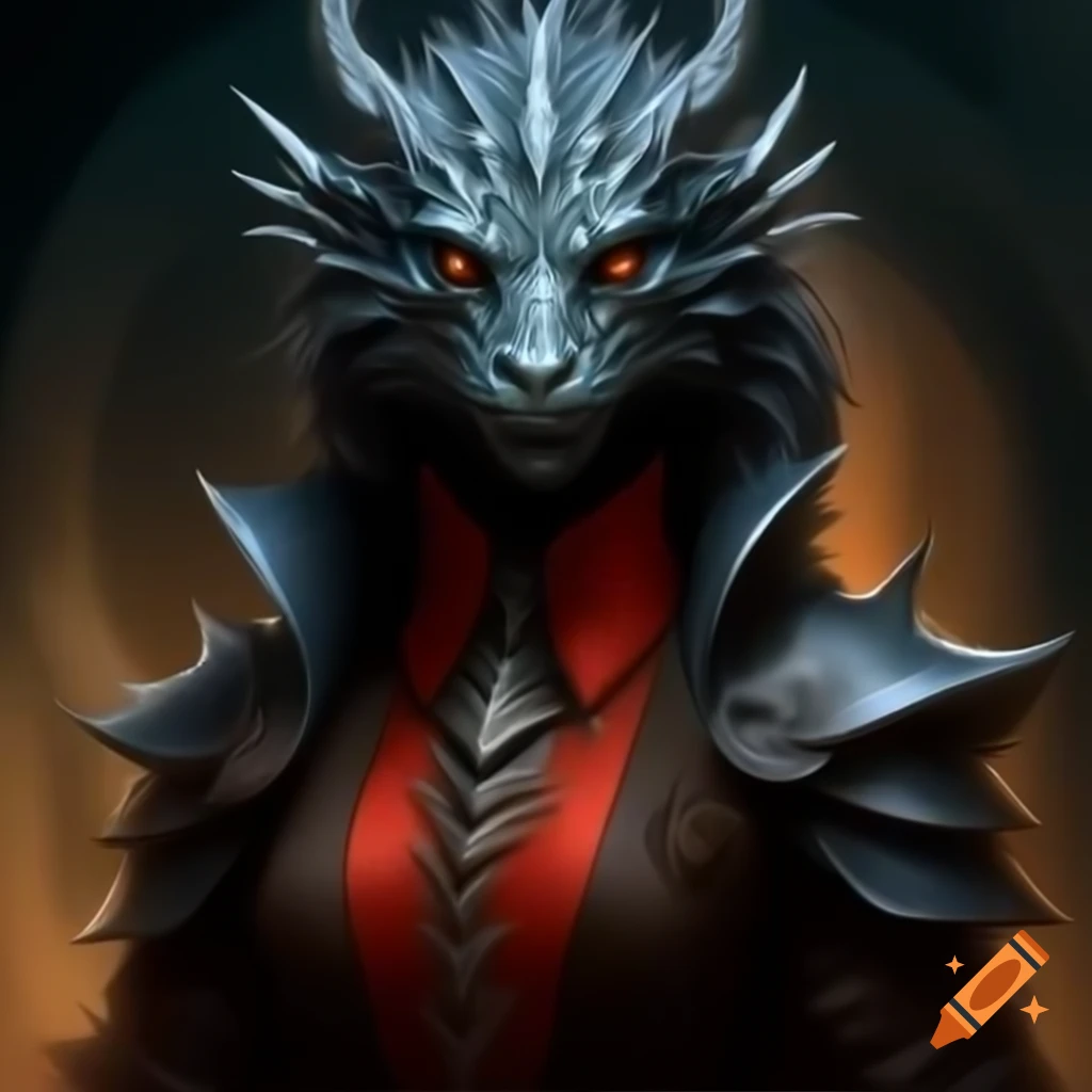 Female dragonborn character in formal red outfit with black scales on Craiyon