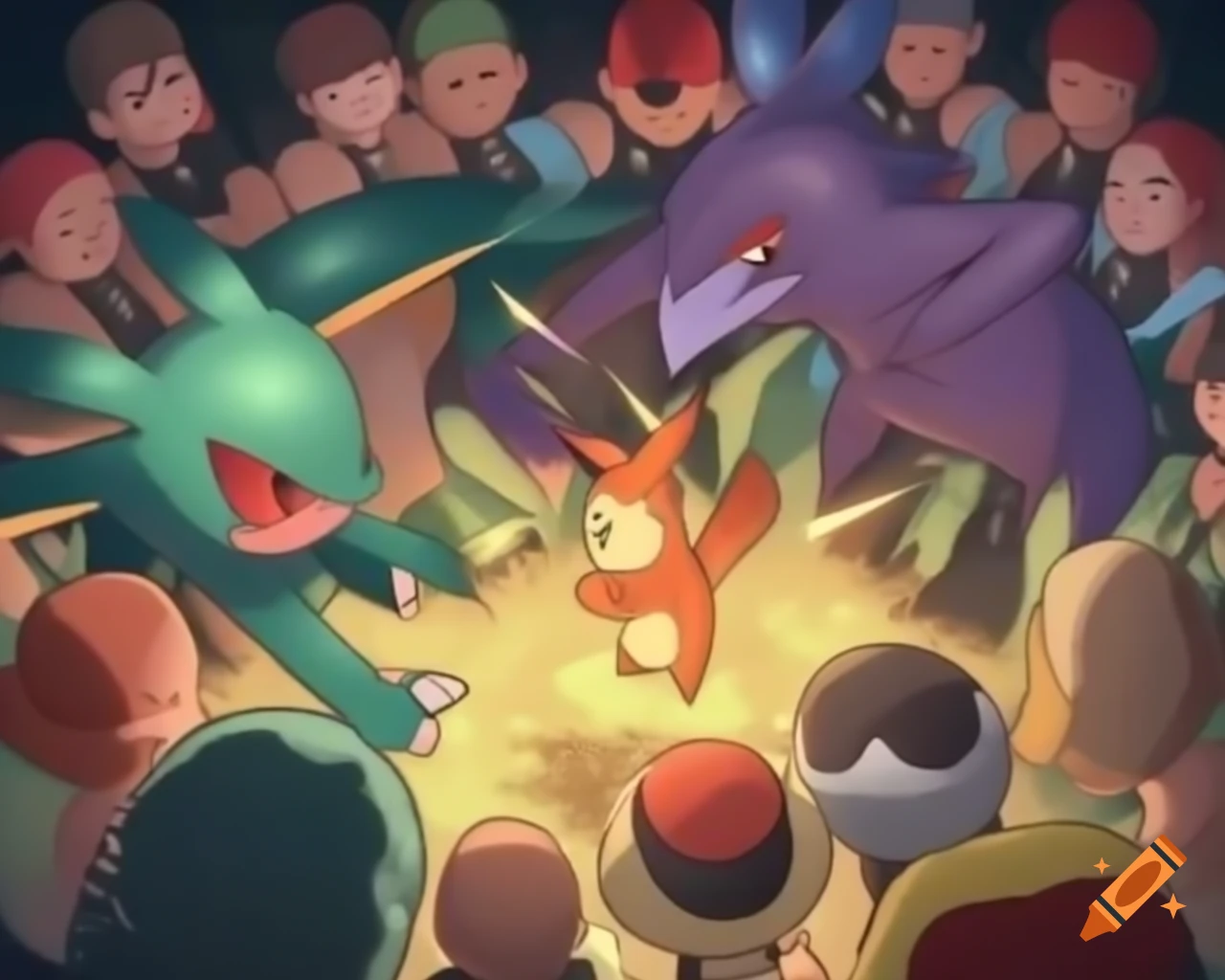 Valiant pokémon calming battling crowd towards harmony on Craiyon