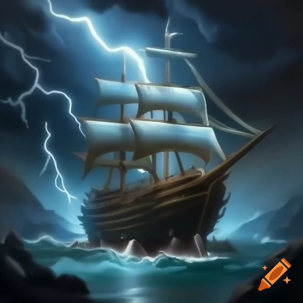 Lightning bolt striking wooden ship on an island on Craiyon