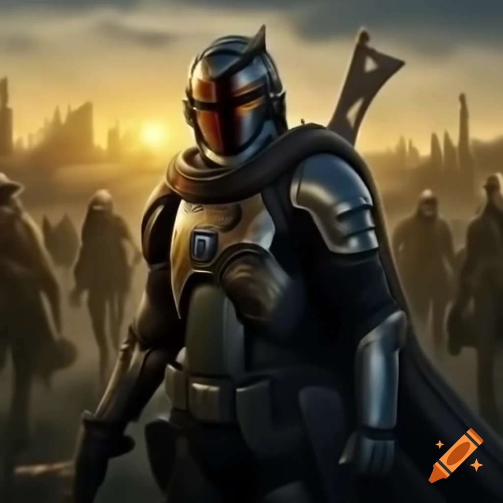 Futuristic armored knight leading men on battlefield in devastated city ...