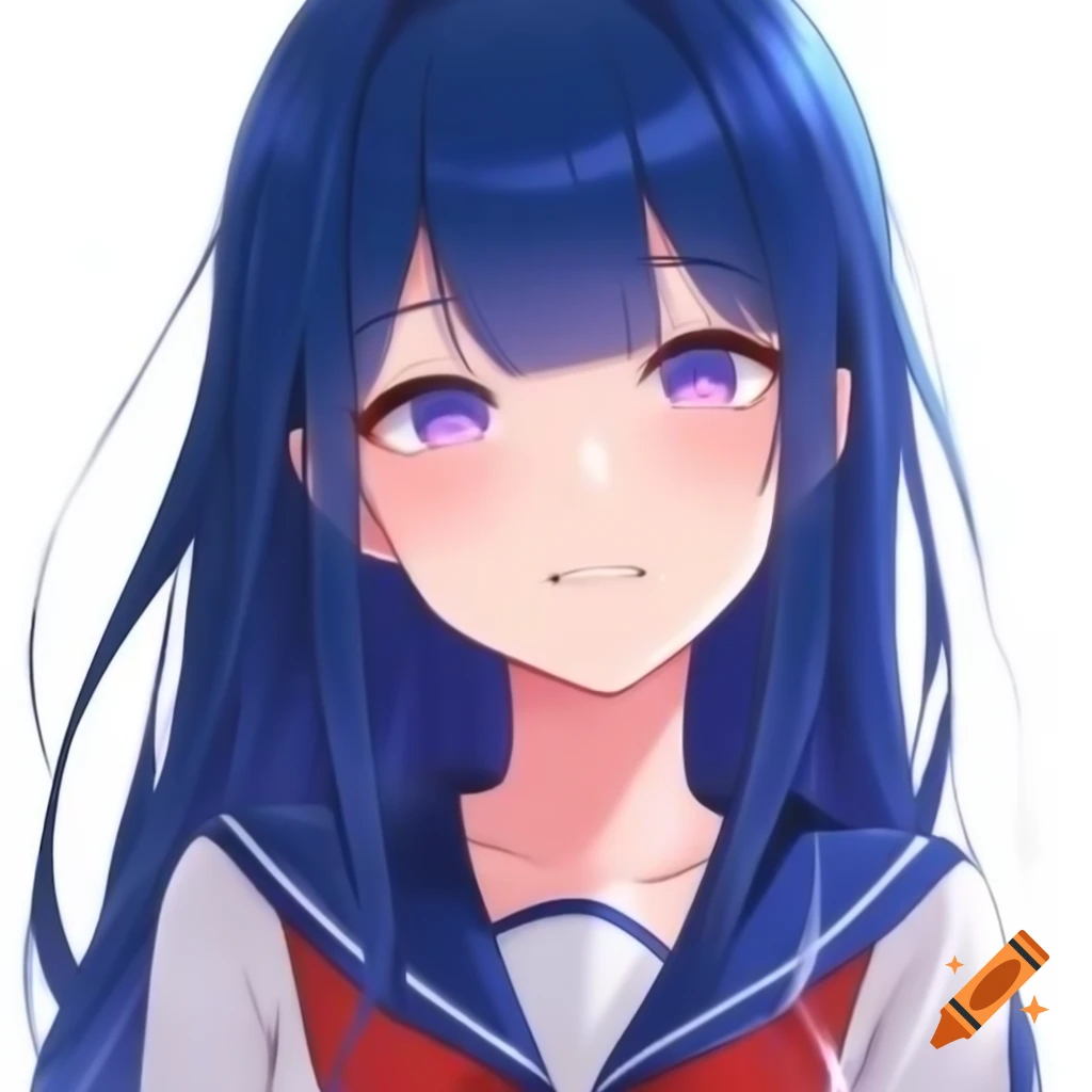 Anime character with long navy blue hair smiling, Yandere style on Craiyon