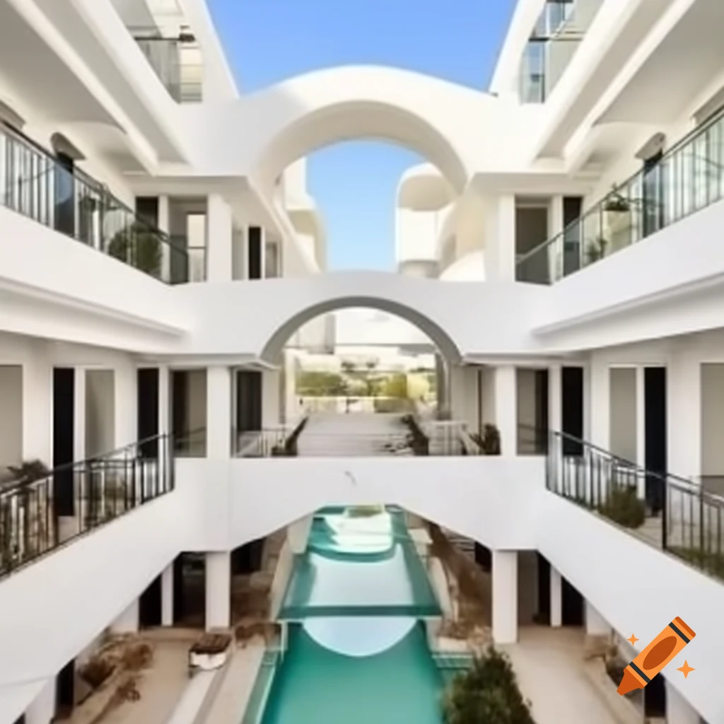 Modern Mediterranean atrium with balconies and central swimming pool on ...