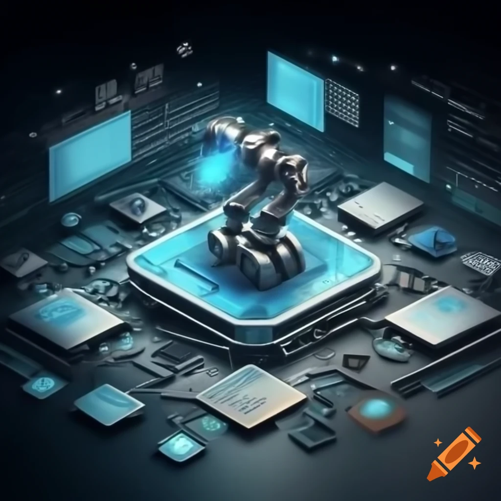 Futuristic mobile app development with robotic arms interacting with code on Craiyon