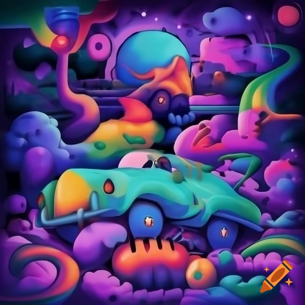 Colorful surreal fantasy illustration of funky graffiti wall art on Craiyon