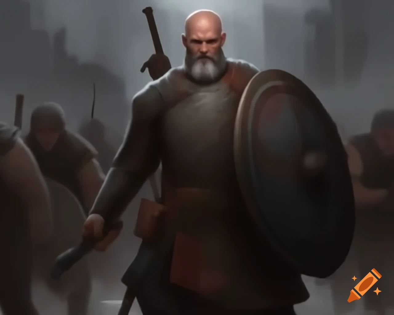 Battle-scarred middle-aged warrior in scale mail raising shield on Craiyon