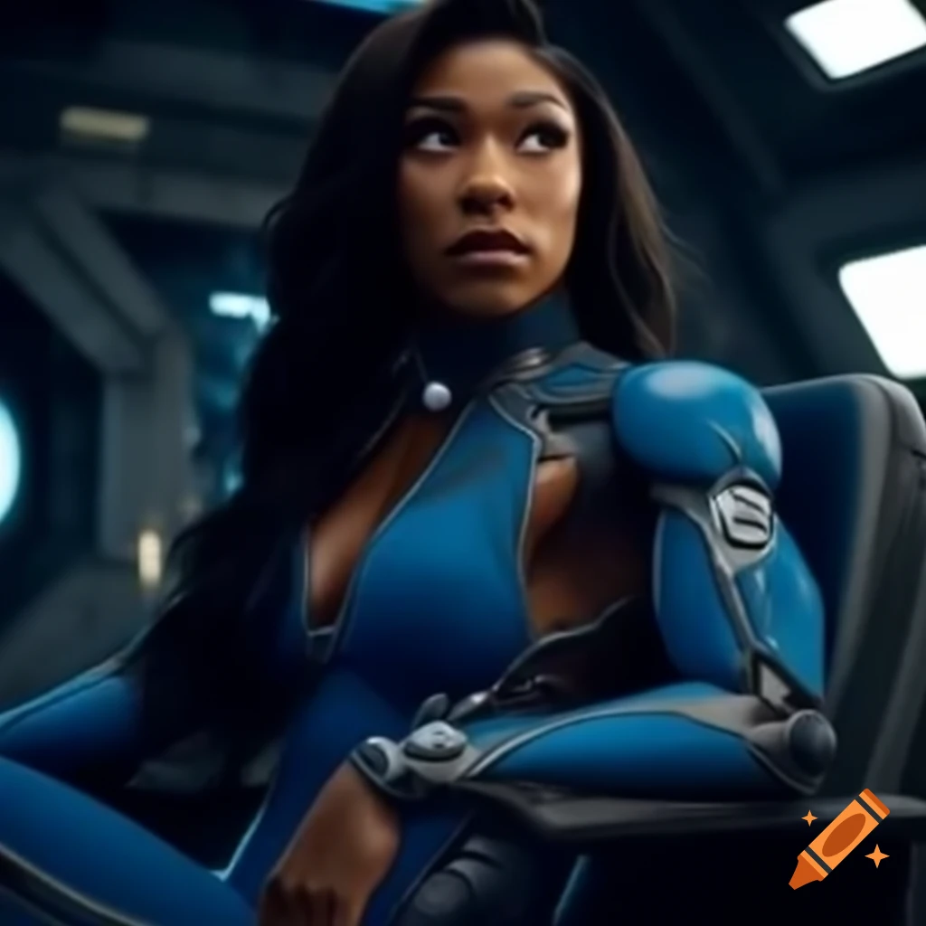 Cyborg bodybuilder in blue suit inside spaceship on Craiyon