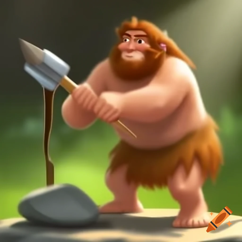 Caveman using club to chisel stone in prehistoric setting on Craiyon