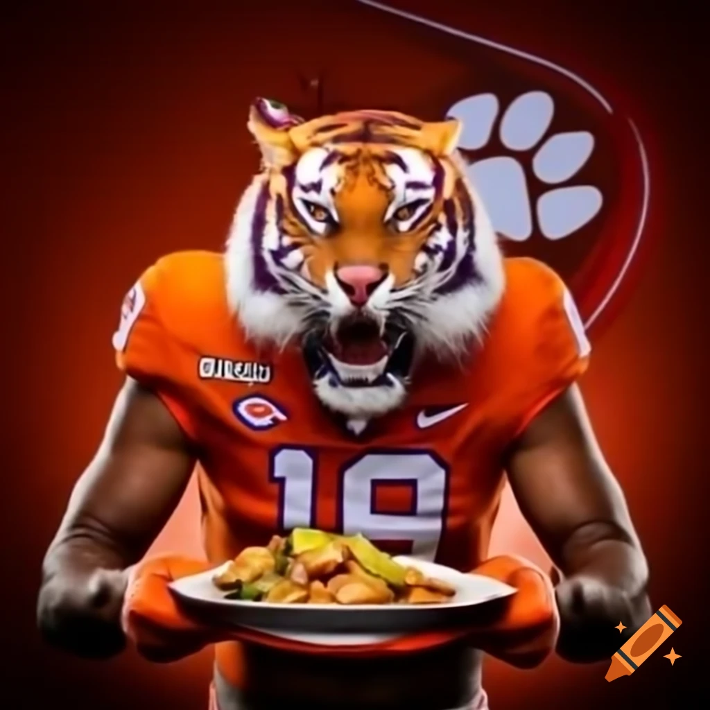 Clemson tiger holding platter with ncaa football team logos on Craiyon