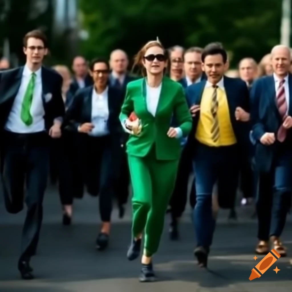 Men and women in suits running and receiving prizes, green and yellow ...