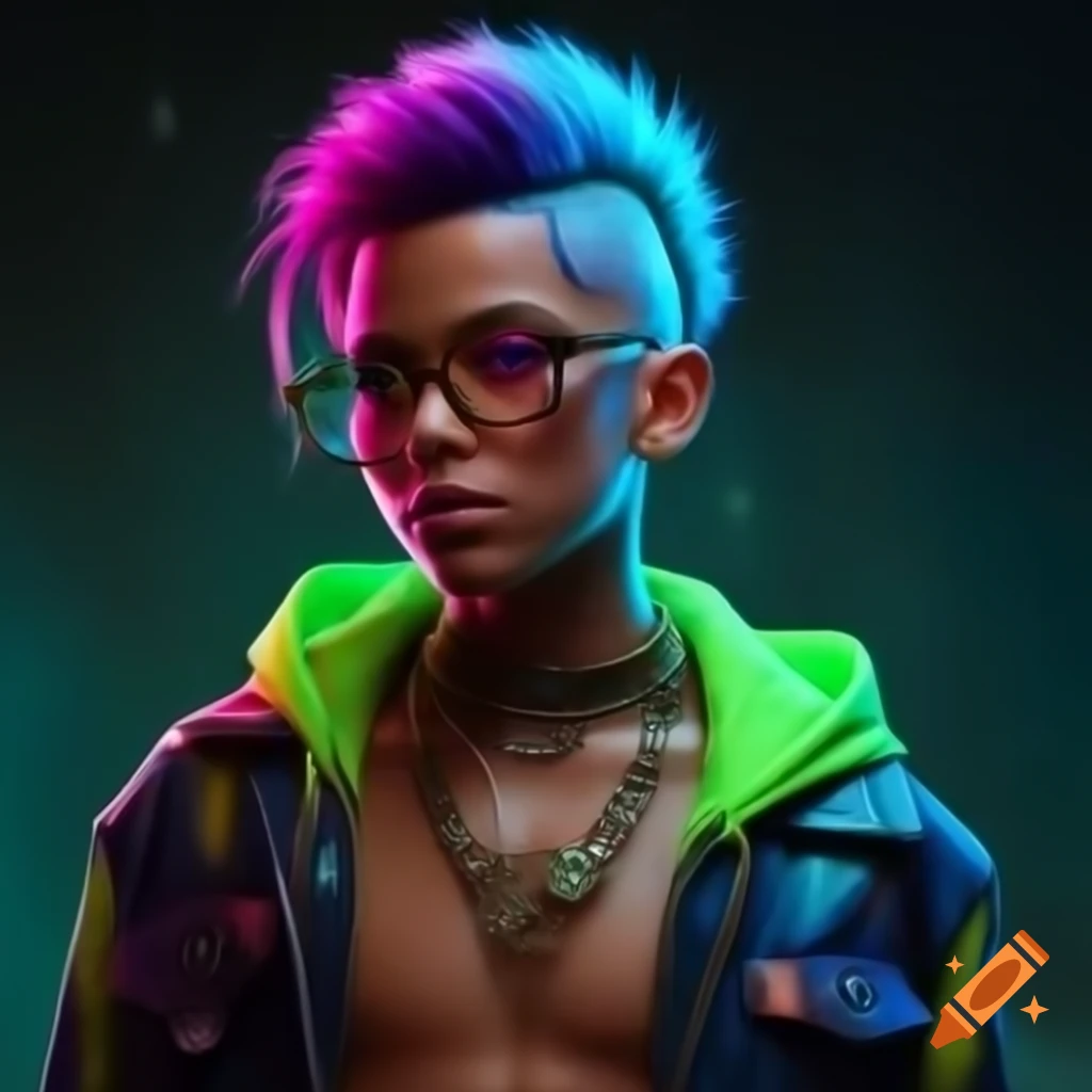 Anime boy with mohawk in neon miami party attire, glowing accessories ...